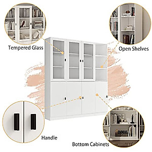 FAMAPY Storage Cabinet Set Bookcase Cabinet Display Cabinet with Glass Doors, Bookcase with Doors, Open Shelves, Black Handles, for Living Room White (62.9”W x 12.2”D x 70.9”H)