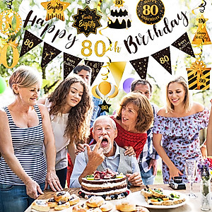 FASOTY 80th Birthday Decorations Black Gold 80th Birthday Decorations For Men Women Pre-assembled Happy 80th Birthday Banner Triangle Flag Glitter Hanging Swirls for 80th Birthday Party Birthday Party Decorations Supplies