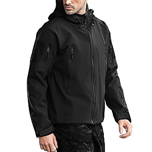 FREE SOLDIER Men's Outdoor Waterproof Soft Shell Hooded Military Tactical Jacket (Black Medium/US)