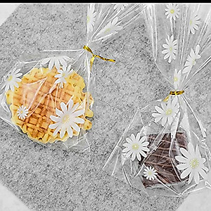 souG 100pcs Gusseted cellophane Bags Little White Daisy Cookie Bags (Size 5.9"x9"x2" with Gold Twist Ties, Best Gusset Bag for Presenting Packaged Treats, Candy, Popcorn etc.