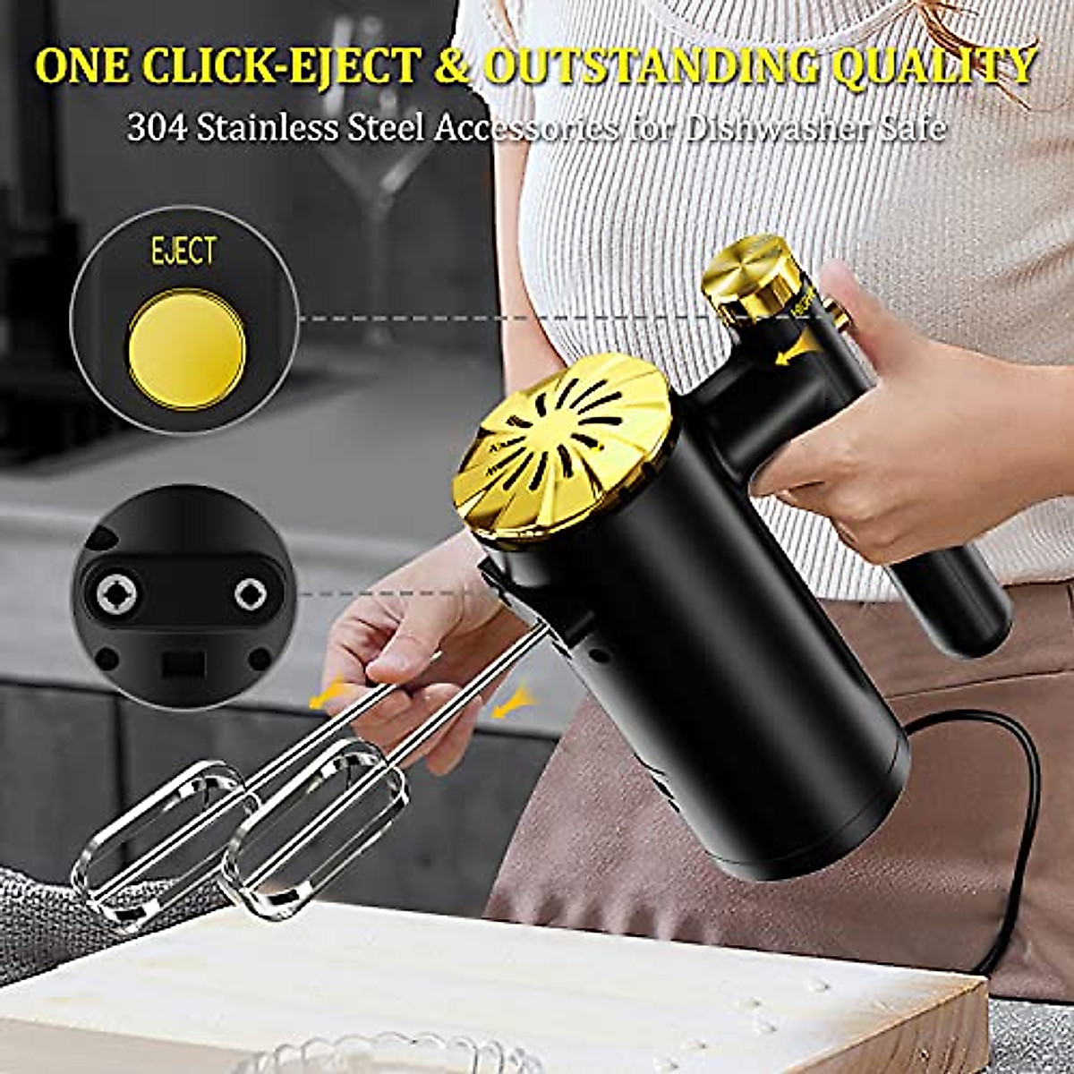 Hand Mixer Electric, 500W Power Handheld Mixer with Continuously Variable Speed Control + Eject Button + 5 Stainless Steel Accessories Kitchen Mixer for Easy Whipping, Baking, Cake (Black + Gold)