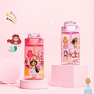 Zak Designs Kids Water Bottle For School or Travel, 16oz 2-Pack Durable Plastic Water Bottle With Straw, Handle, and Leak-Proof, Pop-Up Spout Cover (Disney 100 Princess, Limited Edition)
