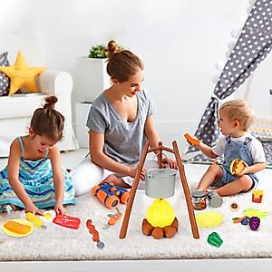REZUCREY Kids Camping Toys Set, Pretend Play with Campfire, Pretend Cutting Food for Play Kitchen Camping Gear for Kitchen Indoor Outdoor Camping Toys for Kids Toddlers Boys Age 3 4 5 6 7 8+