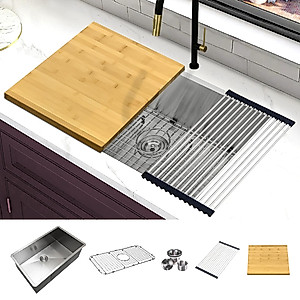 KABCO 28 Inch Single Bowl Stainless Steel Handmade Kitchen Sink with Sink Strainer, Sink Grid, a Rolling Up Grid, and Bamboo Cutting Board, Rust Resistant Sound, and Heatproof 16 Gauge Undermount Sink