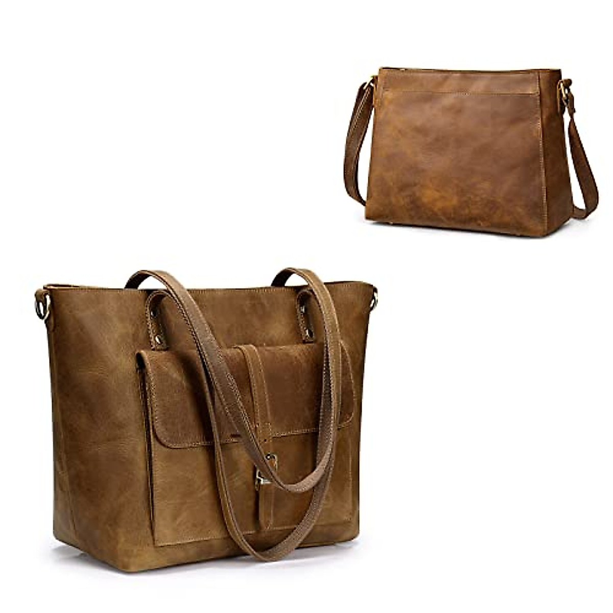 S-ZONE Women Genuine Leather Tote Bag Shoulder Handbag Bundle with Crossbody Bucket Purse