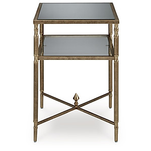 Signature Design by Ashley Cloverty Industrial Mirror-Tabletop End Table with Round Legs and Glass Shelf, Metallic