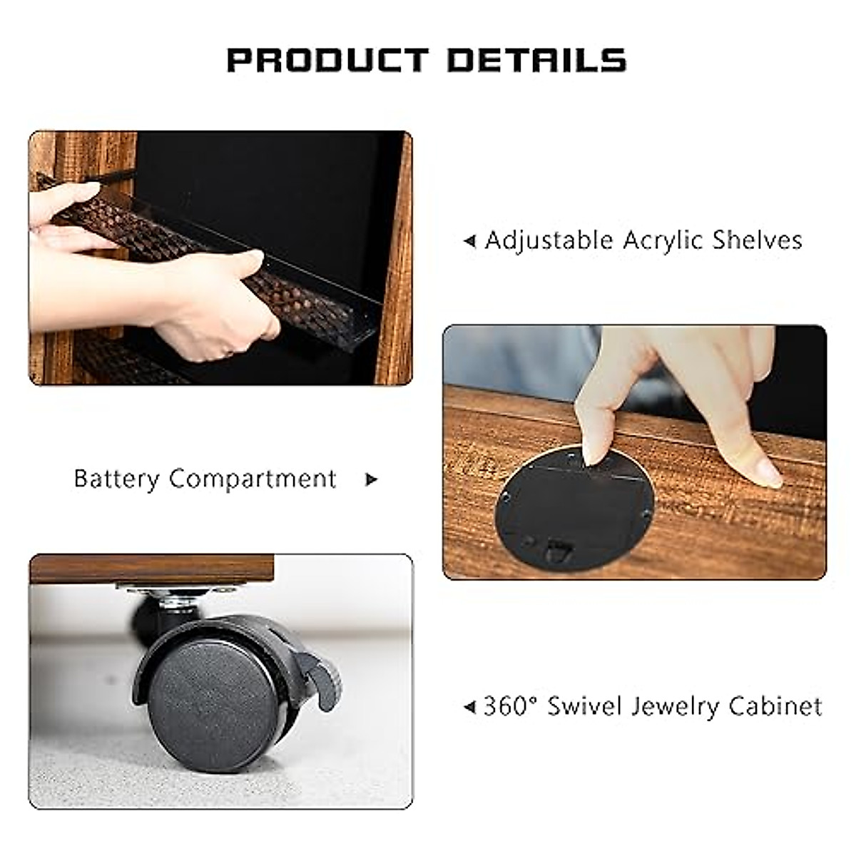 Lvifur 360° Rotating 64'' Jewelry Armoire with 6 LEDS, Full Length Mirror Large Capacity Jewelry Organizer Armoire, Lockable Floor Standing Mirror with 4 rollers for Bedroom, Cloakroom