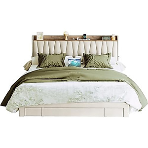 ANCTOR King Size Bed Frame with Storage Headboard and Charging Station, Upholstered Platform Bed with 3 Drawers, No Box Spring Needed, Easy Assembly, Beige
