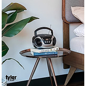 Tyler Portable CD Player Boombox Radio AM/FM Top Loading AC & Battery Compatible Aux Input & 3.5mm Headphone Jack Small Lightweight Compact Boom Box Home Stereo Speakers Carrying Handle Kids Silver