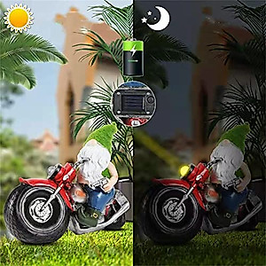 MACANIACE Garden gnome Riding a Motorcycle Statue Large & Interesting Outdoor Statuette with Solar LED Lights Creative Decorations Suitable for Lawn Terrace Autumn (12.2x4.7x10.8 in)