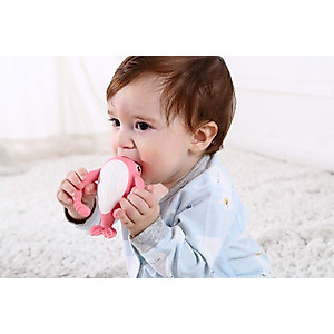 Smily Mia Nora Narwhal Soft Silicone Teething Toy/Toothbrush with Two Handles for 3M+ Babies Teething Pain Relief, Pink