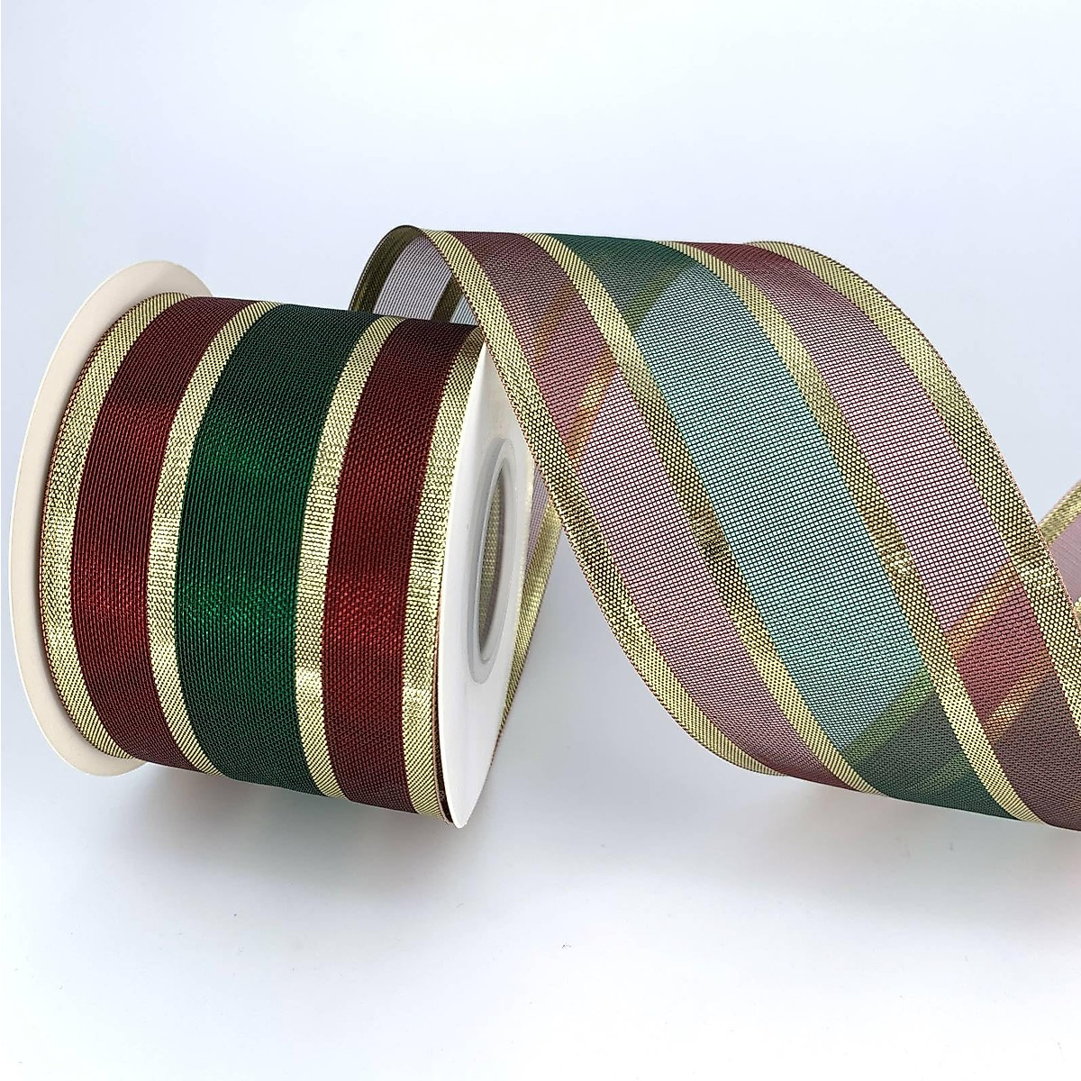 XMRIBBON Metallic Christmas Wired Ribbon Gold Red Green Striped Ribbon - 2 1/2" x 10 Meters,for Gift Wrapping, Tree Topper, Garland, Wreath