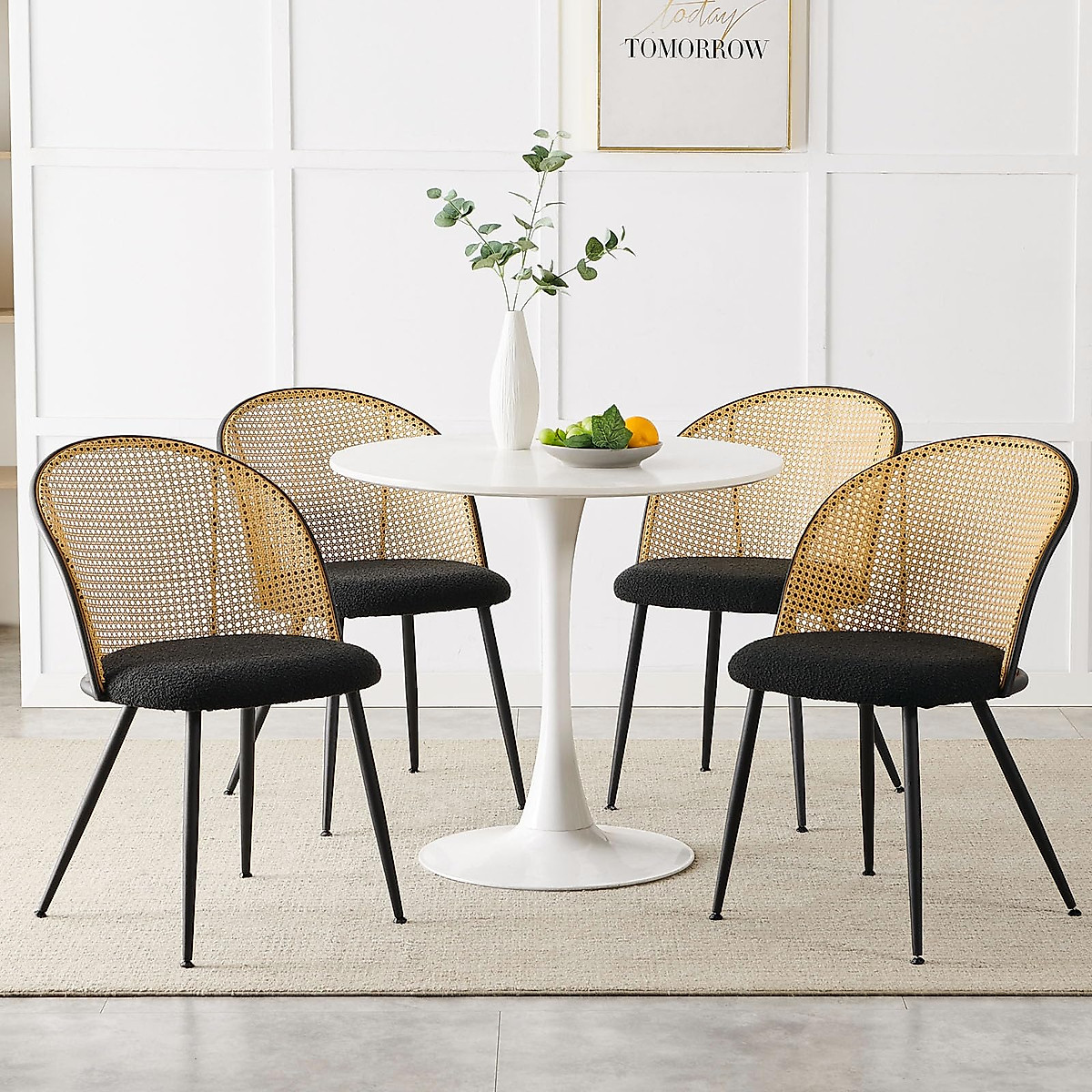Dining Chairs Set of 4, Mid Century Modern Dining Room Chairs with Full Rattan Back, Boucle Fabric Upholstered Kitchen Dining Chairs Farmhouse Armless Mesh Cane Back Side Chairs with Metal Legs, Black