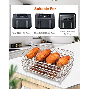 Air Fryer Rack for Ninja Foodi Air Fryer, 304 Stainless Steel Three Stackable Dehydrator Rack Toast Rack Stand Accessories for Ninja DZ201 DZ401 Dual Air Fryer