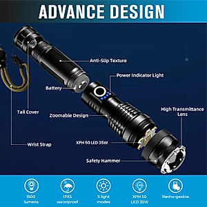 KAEROS Tactical Led Flashlight - flashlights high lumens, Small Flashlight, Waterproof, Rechargeable Flashlight with 5 Modes, flashlights for Emergencies, for Work, Dog Walking Flashlight
