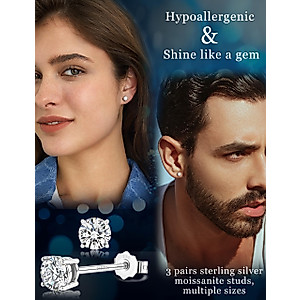 Moissanite Stud Earrings 3 Pairs 14K White Gold Plated Sterling Silver Men's Flat Back Stud Earring Cartilage Helix Piercing D Color Lab Created Moissanite Earrings Birthday Gifts for Men Women 1.8ct