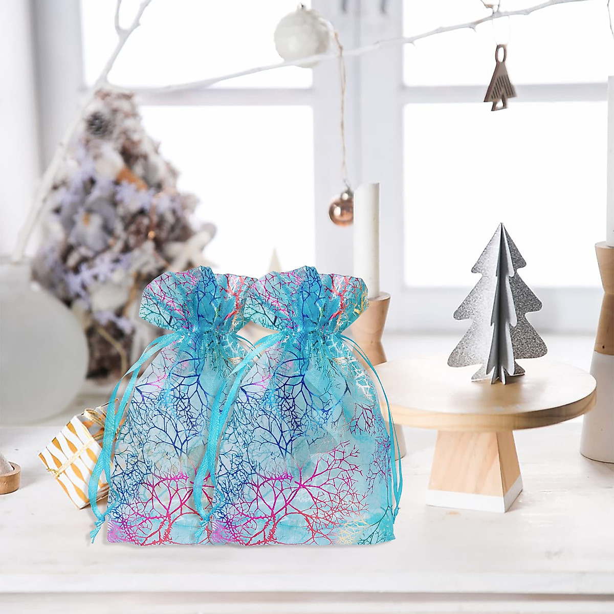 YEKOLEYO 50PCS 5X7 Inches Coral Pattern Organza Drawstring Gift Bags Blue Organza Pouch for Jewelry Candy Chocolate Party Christmas Baby Shower Wedding Favor Gift Bags