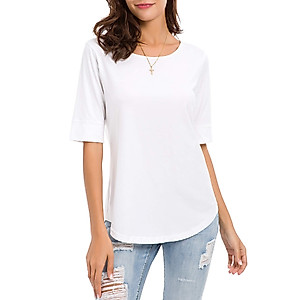LUSMAY Womens White Cotton Tops Fashion Casual Fitted T Shirt Half Sleeve Tunic Tee