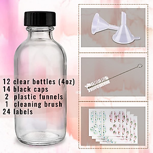 PINIWON 12 Pack 4 oz Clear Glass Bottles, 120ml Boston Round Sample Bottles with Black Poly Cone Caps, Labels, Funnels and Brush
