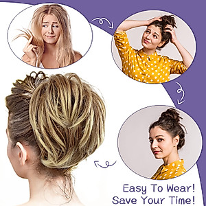 WILLBOND 4 Pcs Messy Hair Bun Hairpiece Tousled Updo for Women Hair Extensions Straight Short Ponytail Elastic Scrunchies Curly Hair Accessories (Brown mix Blond/12H24,Basic Style)