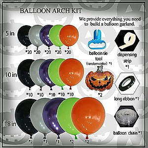 INFLORAL Play Balloon Garland Kit with 164 PCS Black Sliver Green Metallic Purple Orange Balloons and Pumpkin Balloon Garland Kit for Party Decorations