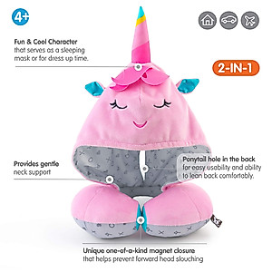 BENBAT Hooded Travel Pillow Neck Support – Soft, Polyester Total Car Seat Head Support for Children 4+ with Magnetic Closure and Ponytail Hole – Machine-Washable Travel Essentials (Unicorn)