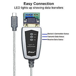 DTECH FTDI USB to RS485 Cable RS422 USB C to Serial Adapter with Breakout Board LED Indicators RS-485 RS-422 Cable Converter Supports Windows 11 10 8 7 XP Mac (3 Feet)
