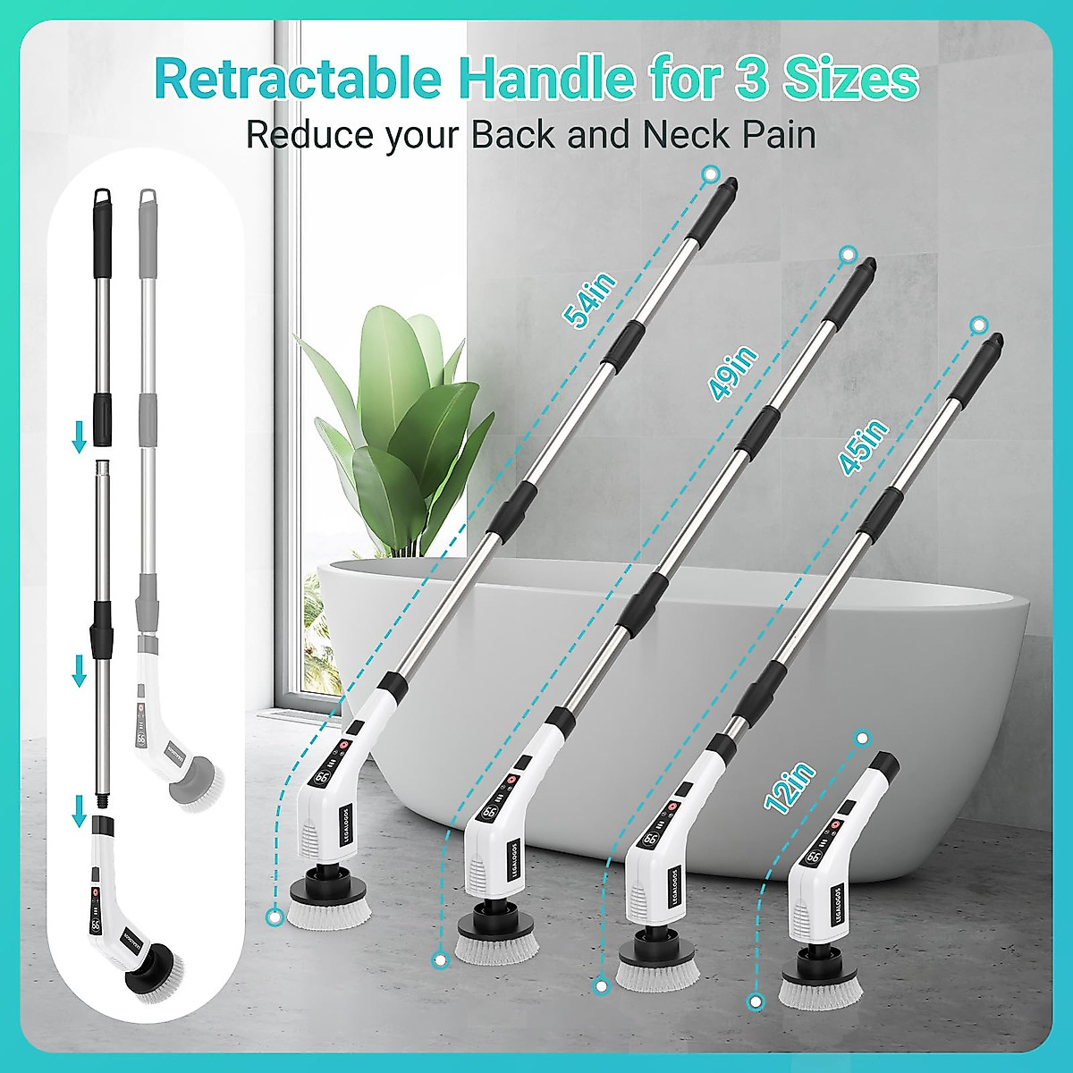 Electric Spin Scrubber, Shower Scrubber with Long Handle, 5000Mah Bathroom Scrubber-2024 New LED Battery Screen, 8 in 1 Replaceable Brush Heads, 420RPM/Mins-3 Adjustable Speeds for Bathroom Floor Tile