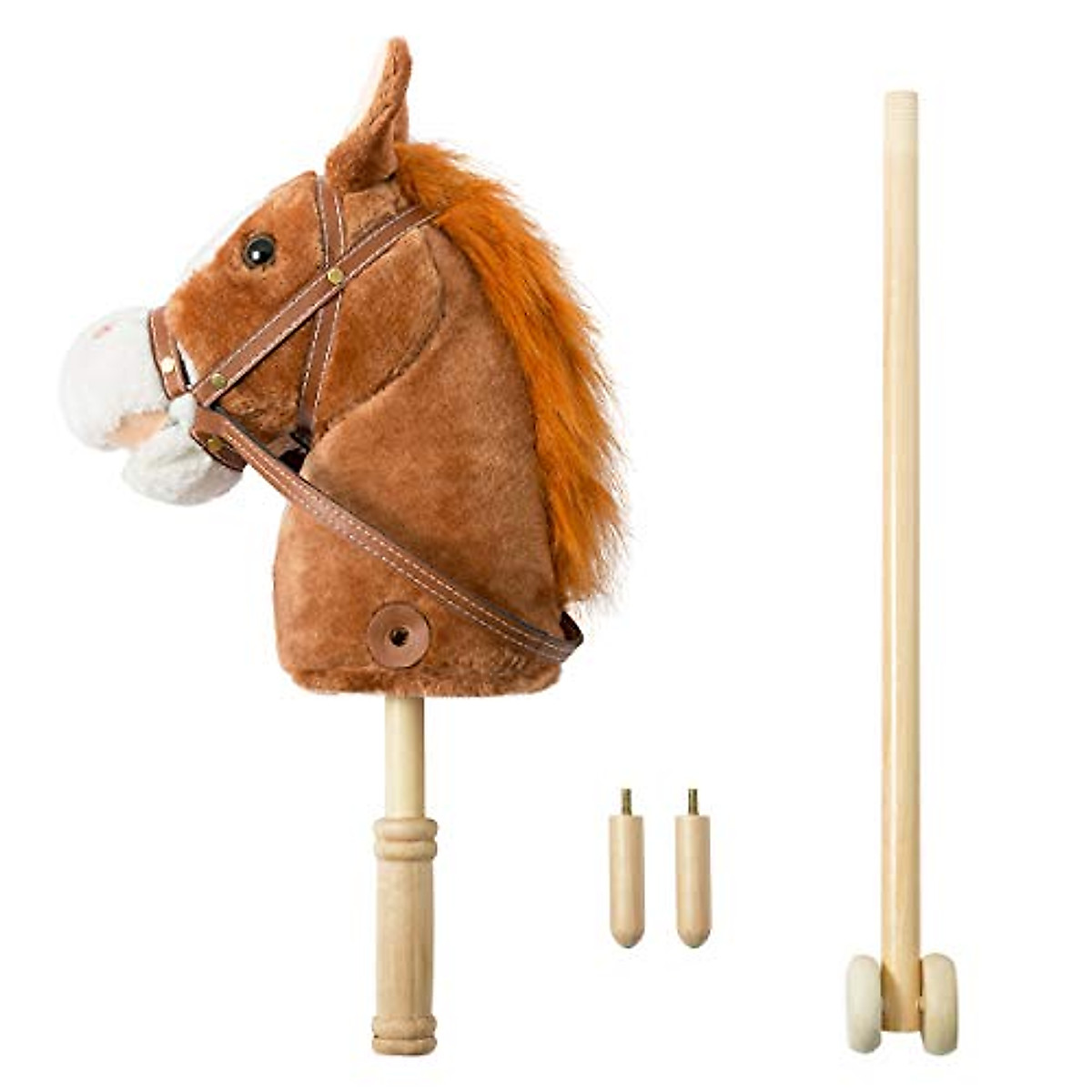 HollyHOME Outdoor Stick Horse with Wood Wheels Real Pony Neighing and Galloping Sounds Plush Toy Dark Brown 36 Inches(AA Batteries Required)