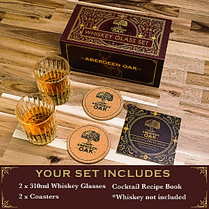 Aberdeen Oak Crystal Whiskey Glasses Set - Timeless Old Fashioned Liquor Glass with Coasters - Perfect for Bourbon & Cocktails, Ideal Gift for Men & Whisky Enthusiasts - 2 Piece Set