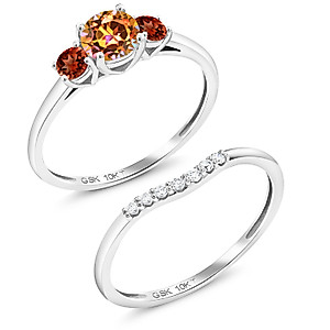 10K White Gold Ecstasy Mystic Topaz and Red Garnet and White Lab Grown Diamond 3-Stone Bridal Engagement Wedding Ring Set For Women (0.86 Cttw, Gemstone November Birthstone, Round 5MM, Size 7)