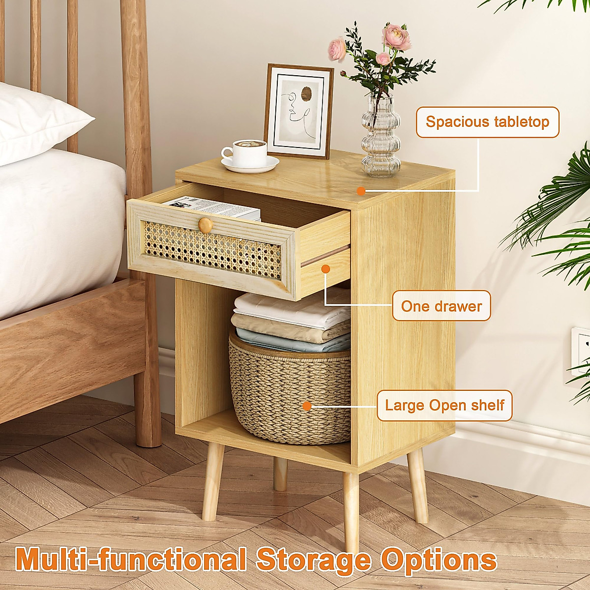 Koifuxii Natural Rattan Boho Nightstand - 24" High, 16.82" x 4.89" x 20.02" Light Wood Bedside Table - Bedroom, Living Room