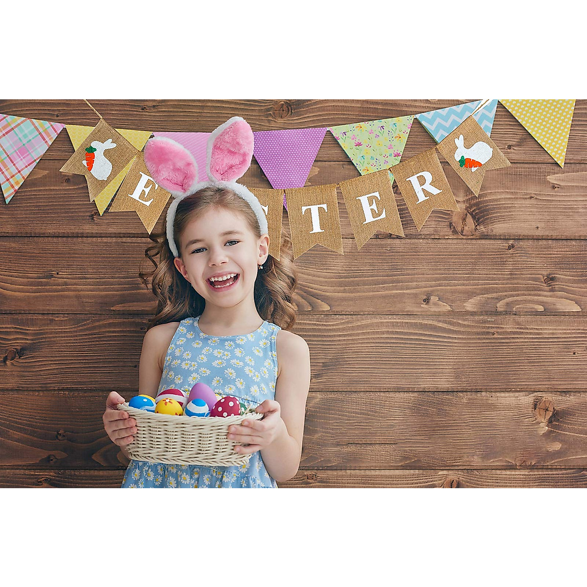 Easter Burlap Banner, Easter Décor Home, Banner Garland with Rustic Banner Happy Easter Hanging Banner Decor for Mantle Fireplace Wall Pre-Assembled - No DIY Required - 1 Pack