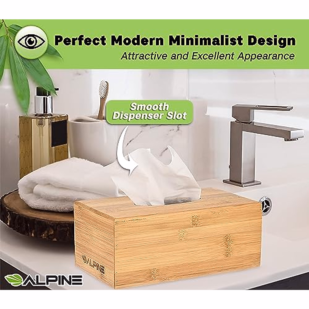 Alpine Industries Wooden Bamboo Rectangular Tissue Box Cover - Eco Friendly Pull Holder/Dispenser - Decorative Organizer for Bathroom, Office Desk & Car (Bamboo)