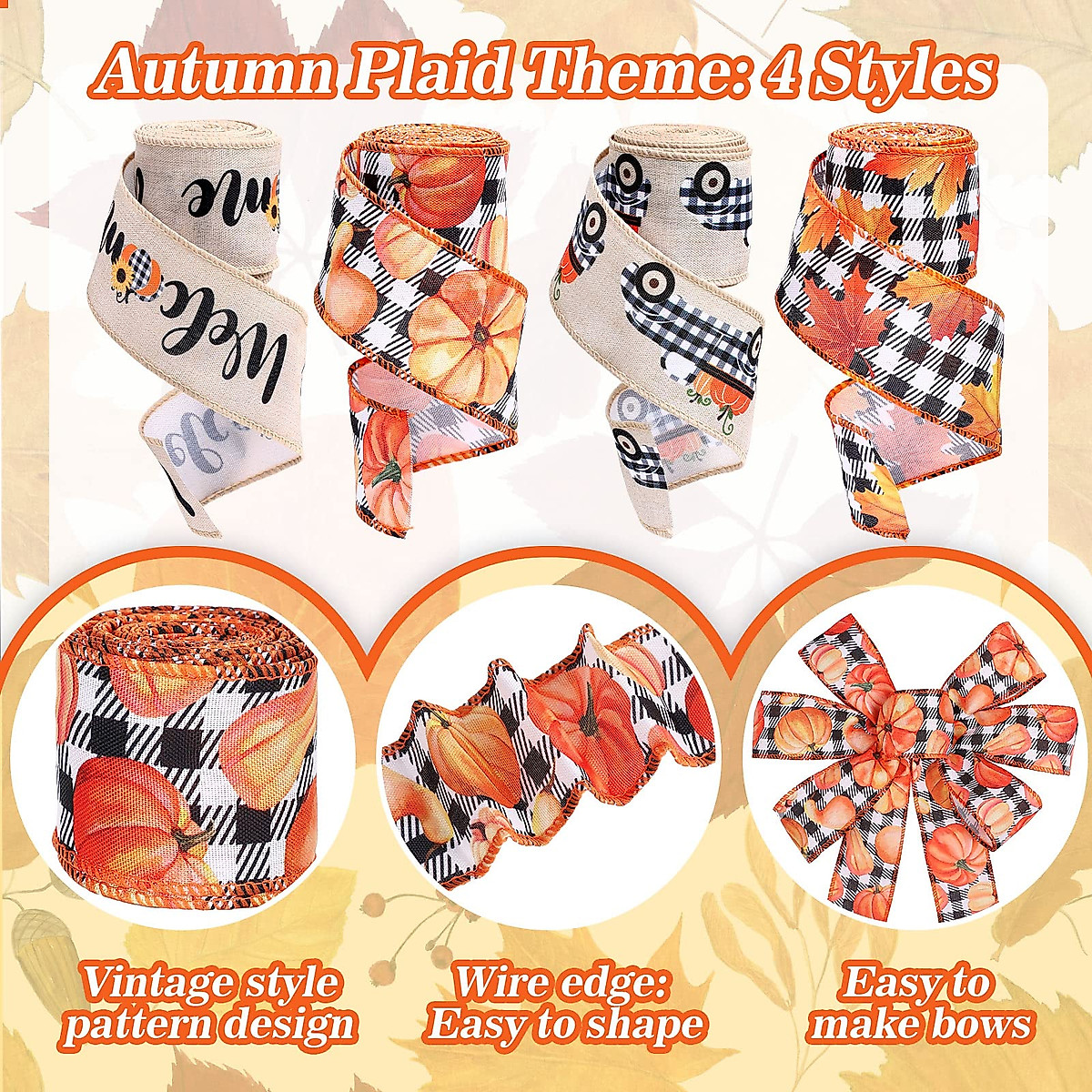Whaline 30 Yard Fall Thanksgiving Wired Edge Ribbon White Black Buffalo Plaids Ribbon Autumn Leaves Pumpkin Truck Craft Ribbon Rustic Vintage Farmhouse Wrapping Ribbon for Wreath Floral Bow, 4 Rolls