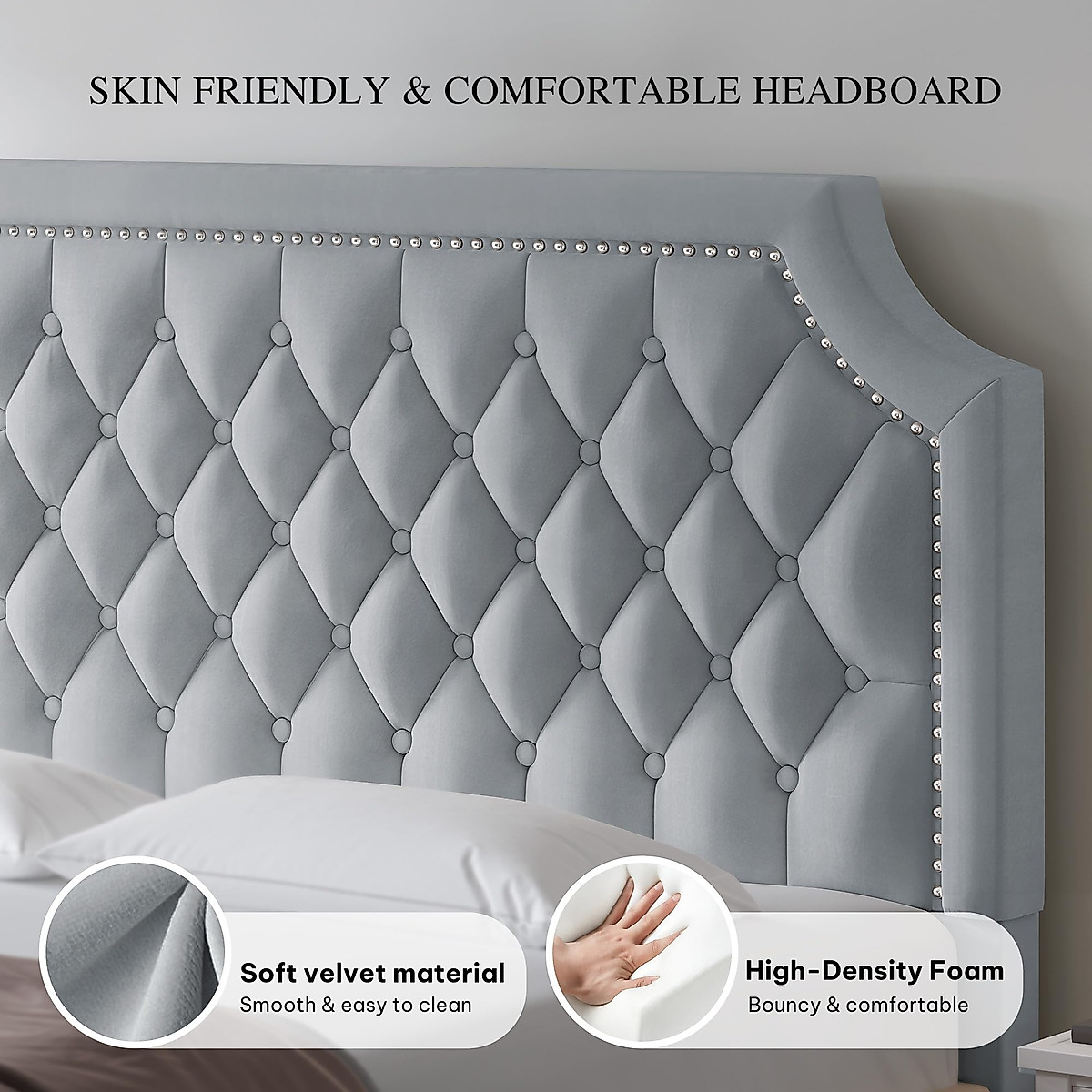 YITAHOME King Size Velvet Bed Frame with Adjustable Headboard, Upholstered Platform Bed with Deep Button Tufted and Rivet Decor, Strong Wooden Slats, No Box Spring Needed, Easy Assembly, Grey