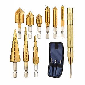 ChewSteel Tools,10 Pieces Step Drill Bit Set 1/4 Inch Hex Shank 5 Flute Countersink Drill Bit Set with 5 Inch Center Punch and Bag for Wood Metal Plastic Glass (4-20/4-12/3-12 mm)