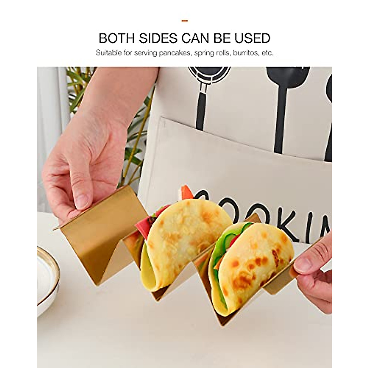 QIBOORUN Taco Holder Stand Set of 4 with 1 Food Tong - Stainless Steel Taco Stand Rack Tray Style, Oven Safe for Baking, Dishwasher and Grill Safe -Rainbow Color