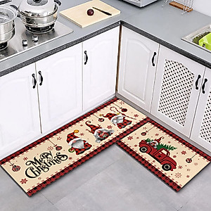 CocoBelin Christmas Gnome Kitchen Rug and Mat 2 Pcs,Red Truck Snowflake Tree Buffalo Plaid Bathroom Rug Non Slip Cushioned Mat Runner Rug Doormat for Christmas Farmhouse Kitchen Decor,17x30+17x47inch