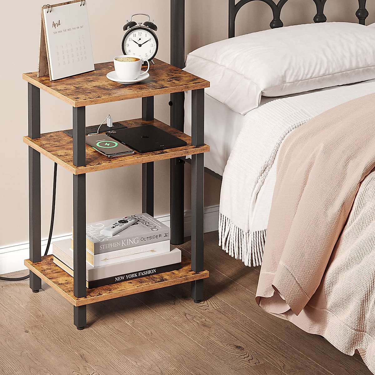TUTOTAK End Table with Charging Station, Side Table with USB Ports and Outlets, Nightstand, 3-Tier Storage Shelf, Sofa Table for Small Space TB01BB042