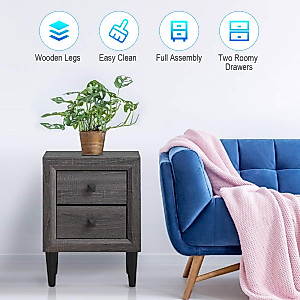 Giantex Nightstand with Drawer, Fully-Assembled 2-Drawer Bedside Tables with Solid Wood Legs for Bedroom, Modern Night Stand Side Table for Small Space Living Room, Grey