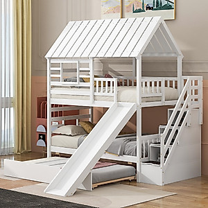 MERITLINE House Bunk Beds Twin Over Twin with Slide, Twin Bunk Bed with Storage Stairs and Trundle, Wood Kids Bunk Bed with Roof and Window Design for Girls, Boys,White