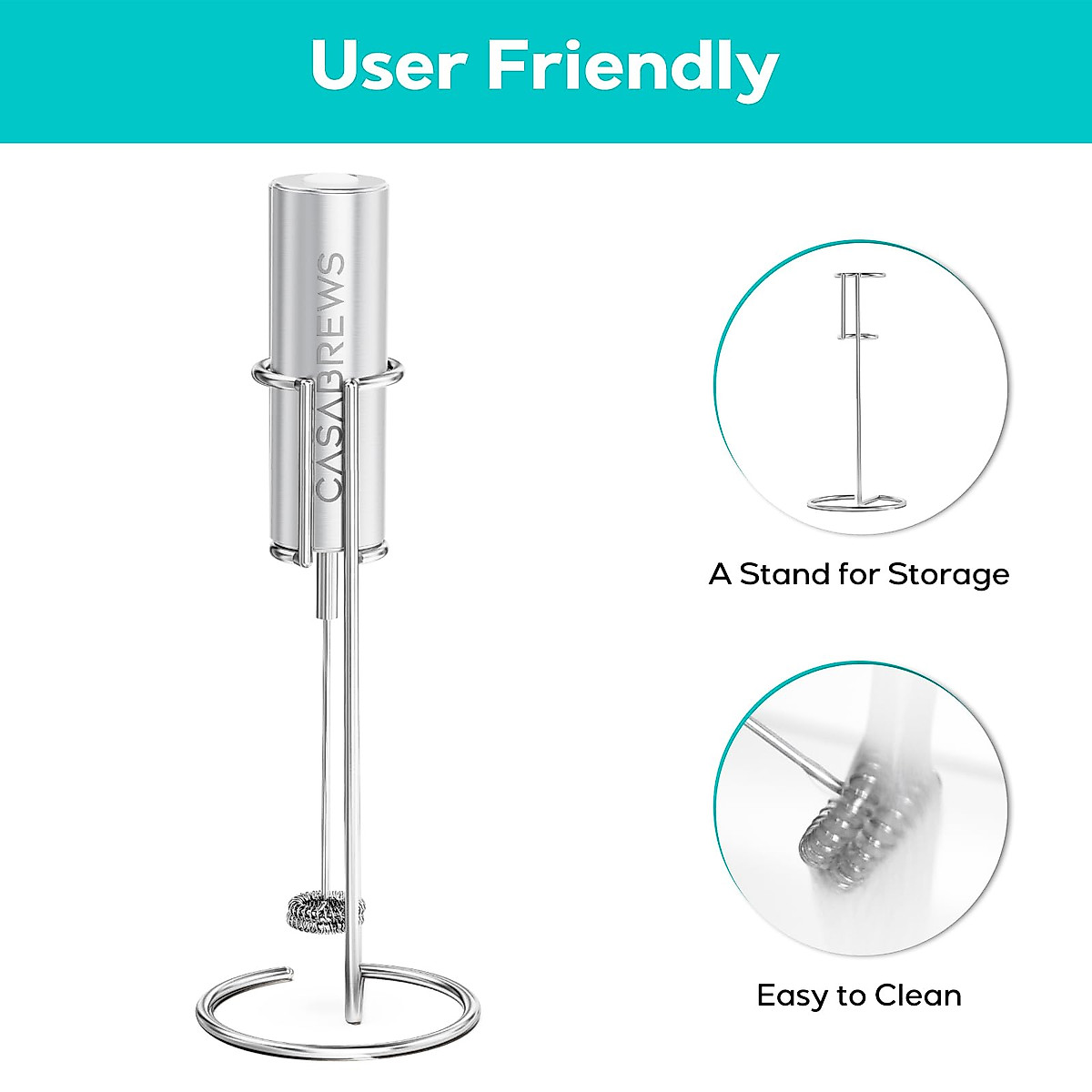 CASABREWS Milk Frother Wand, Handheld Stainless Steel Coffee Frother, Powerful Drink Mixer with Stand, Rechargeable Electric Whisk with 3 Speeds for Lattes, Cappuccinos, Matcha, and Hot Chocolate