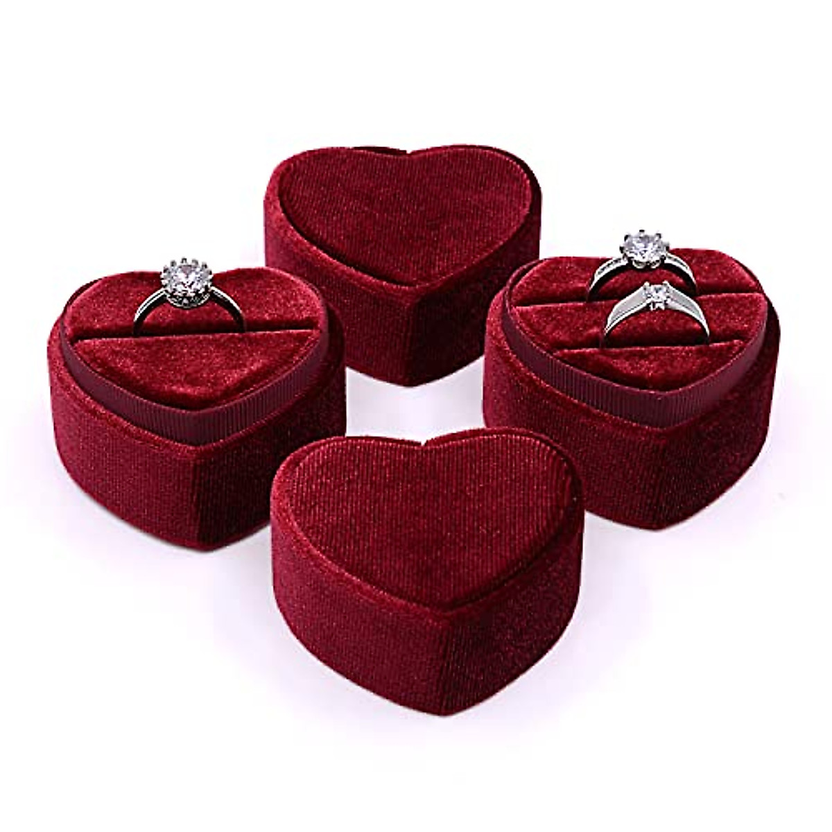 MYEBIUAI Velvet Ring Box Wine Red - Premium Gorgeous Heart Shape Double Ring Box Display Holder with Detachable Lid Ring Bearer Box for Proposal, Engagement, Wedding, Ceremony, Anniversary