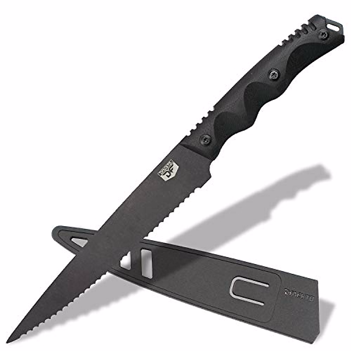 DFACKTO Interceptor 6 Inch Serrated Utility Knife for Camping and Outdoor Kitchen, Stonewashed High Carbon Stainless Steel Black Knife, Full Tang Tactical G10 Handle, BBQ Utensil Cutlery