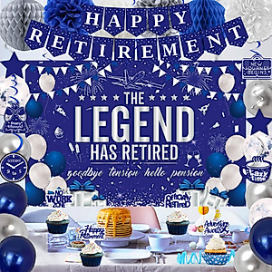 Retirement Party Decorations Blue Silver Happy Retirement Decorations for Men Women, Happy Retirement Banner, Retired Backdrop, Balloons, Pompoms, Hanging Swirl, Retirement Card, Cake Topper Set 54pcs
