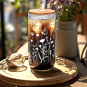 ANOTION Floral Coffee Cups, Mason Jars with Lids and Straws Glass Cups with Wildflower Bamboo Lid Iced Coffee Cups Tumbler Drinking Glasses Travel Coffee Mug Gift for Women Sister Mom