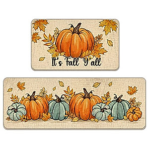 Tailus It's Fall Y'all Pumpkin Patch Kitchen Rugs Set of 2, Autumn Maple Leaves Kitchen Mats Decor, Teal Farmhouse Thanksgiving Floor Door Mat Home Decorations - 17x29 and 17x47 Inch