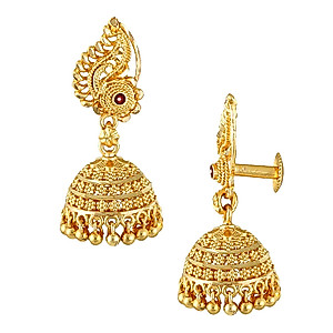 BBRATS Traditional Temple Jewellery 18k One Gram Gold Ethnic Brass Stylish South Indian Ghungroo Screw Back Studs Meenakari Peacock Ruby Jhumki Jhumkas Jhumka Earrings Set For Women girls -GOLD JHUMKI-M143