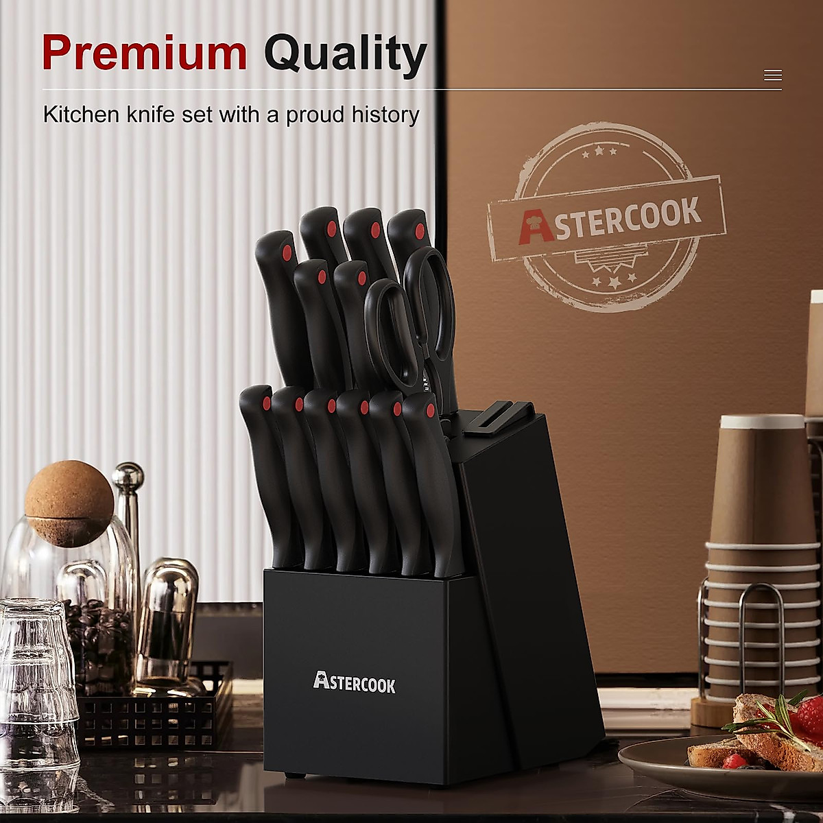 Astercook Kitchen Knife Set, 15 Pieces knives Set with Built-in Sharpener, High Carbon German Stainless Steel Chef Knife Block Sets, Sharp & Rust Resistant Dishwasher Safe Black